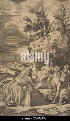 The entombment of Christ, the crosses on Calvary visble in left ...