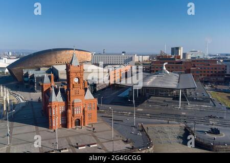 Aerial view of the Senedd, home of the Welsh National Assembly at ...