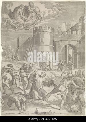 . The Holy Stefanus is kneeling on the ground and is stoned for the ...