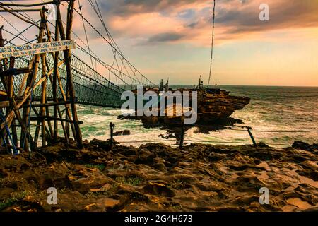 Challenge on swinging rope foot bridge and cable car to a rock i Stock ...