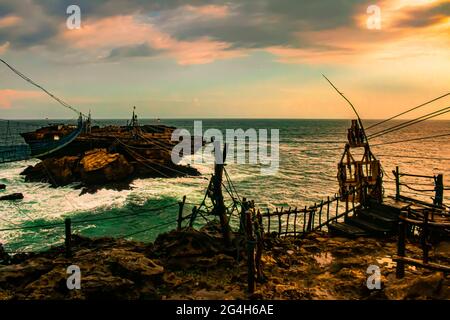 Challenge on swinging rope foot bridge and cable car to a rock i Stock ...
