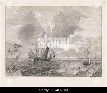 Board of a sailing boat in the wavy sea under a clear sky, Maine, USA ...
