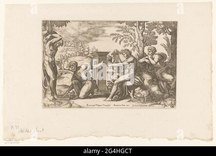 Apollo and Marsyas. The Sater Marsyas is tied to a tree and is about to ...