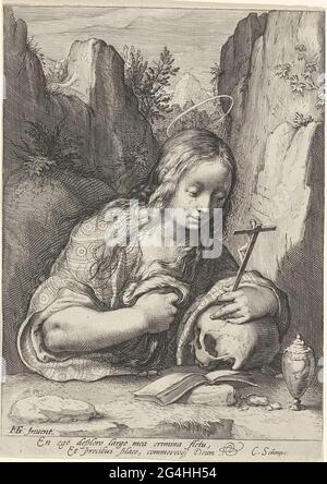 . Crying Mary Magdalene in a rocky landscape with a crucifix in her ...