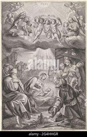 . Worship of the shepherds. Three angels with a banderole in the air ...