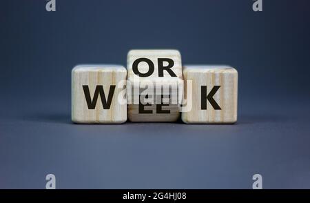 Work week symbol. Turned a wooden cube with words 'Work week ...