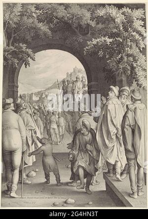 . Pontius Pilate shows the branched Christ to the Jewish people. People ...