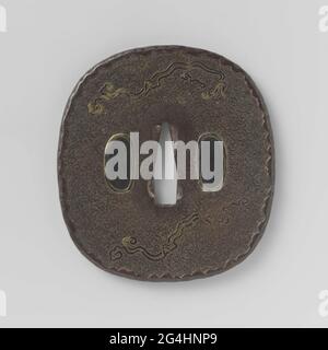 . Rounded rectangular tsuba with elevated edge; On both sides in Iroe ...