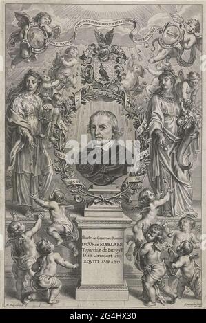 Putti on either side of a family crest, Jan Wandelaar, 1750 print Two ...