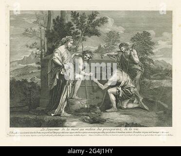 . Landscape with three shepherds and a woman. They discover an antique ...