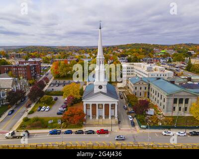 Aerial view of historic downtown Worcester with fall foliage in city of ...