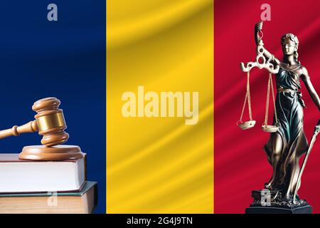 Chad flag with statue of lady justice, constitution and judge hammer on ...