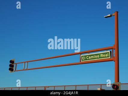 El Camino Real road sign and traffic light in California Stock Photo ...