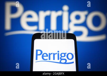A Perrigo Company logo is seen on prescription pharmaceutical packaging ...