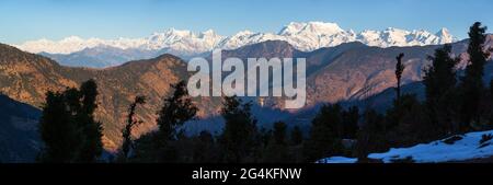 Morning panoramic view of mount Chaukhamba, Himalaya, panoramic view of ...