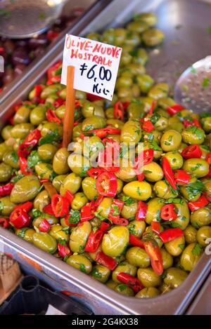 Sicilian olives at fish market called Piscaria Catania, Sicily, Italy ...