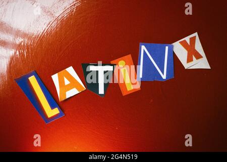 The word "Latinx" using cut-out paper letters in the ransom note effect ...