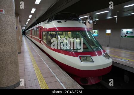 Double decker train at a train platfrom in Nagano, Japan Stock Photo ...