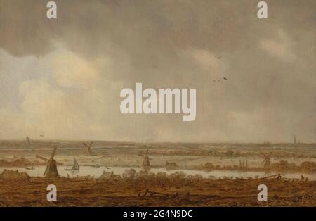 Polder landscape at Dutch airport Schiphol seen from Land Art Park ...