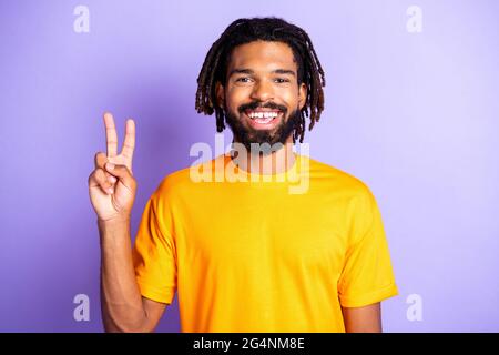 Portrait of nice optimistic brunette hairdo guy look empty space wear ...