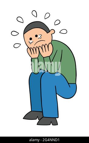 Cartoon man is crouching on the ground and crying, vector illustration ...