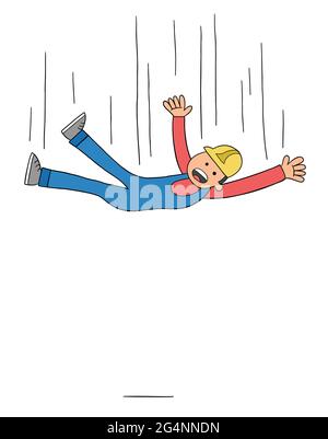 Cartoon worker falls from height, vector illustration. Black outlined ...
