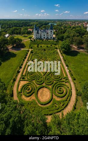Tiszadob, Hungary - Aerial view about castle Andrassy near river Tisza ...