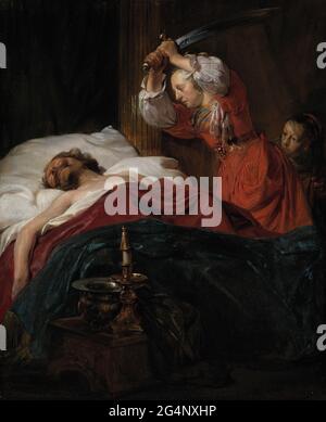 Judith stands on the left with a sword in one hand and Holofernes' head ...