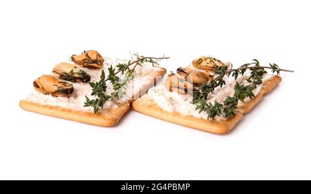 Tasty crackers with cheese and mussels on light wooden background ...