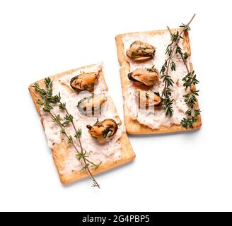 Tasty crackers with mussels and thyme on grey background Stock Photo ...