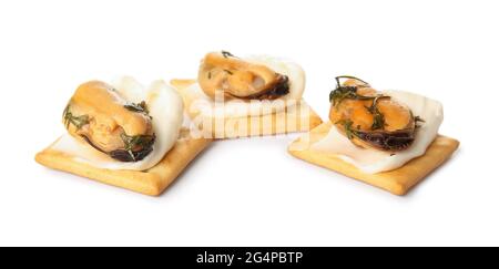 Tasty crackers with cheese and mussels on light wooden background ...