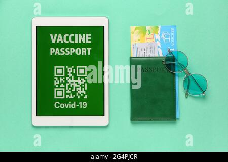 Passport, ticket, travel voucher, covid-19 test result and vaccine on ...
