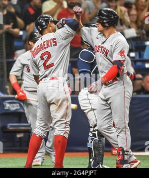 Boston Red Sox's Hunter Renfroe takes the field at the start of a ...