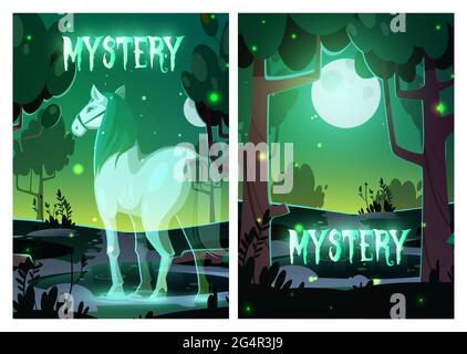 Mystery or horror cartoon posters, horse soul in night forest under ...