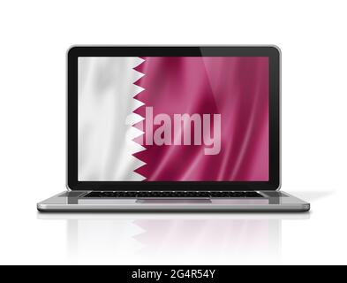 Qatar flag on laptop screen isolated on white. 3D illustration render ...