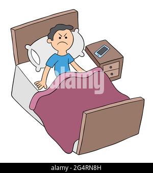 Cartoon man is in bed but angry, can't sleep, vector illustration ...