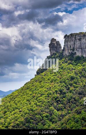 Nice valley from Spain, near village Rupit in a cloudy day Stock Photo ...