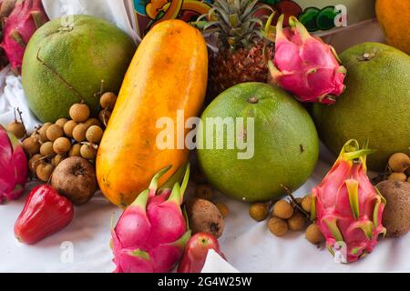 Colourful fruits on display at a fruit juice bar in Corfu Town Stock ...