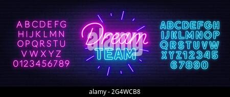 Dream Team neon sign on brick wall background. Glowing lettering. Pink ...
