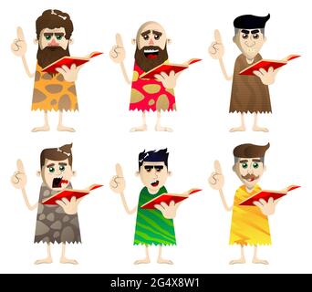 Cartoon prehistoric man reading and pointing at an opened book. Vector ...