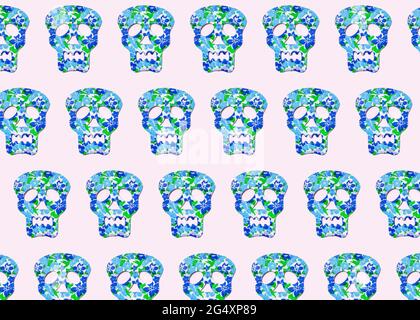 Pattern of rows of blue skull masks decorated with floral print Stock ...