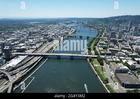Aerial View of Portland Downtown with Hawthorne Bridge and Willamette ...
