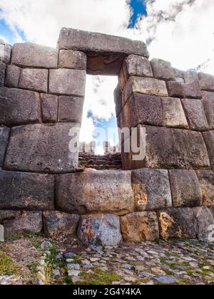 Large polished dry stone walls of the Saksaywaman military Inca complex ...