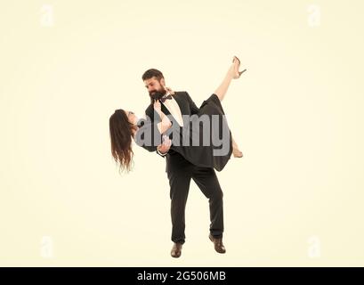 Man carry attractive lady dancer. Dancing music. Couple elegant dancing ...