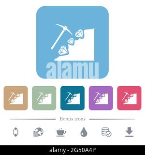 Diamond mining white flat icons on color rounded square backgrounds ...
