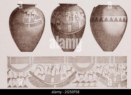 Ancient Egypt. Predynastic pottery with incised decoration. 1912 book ...