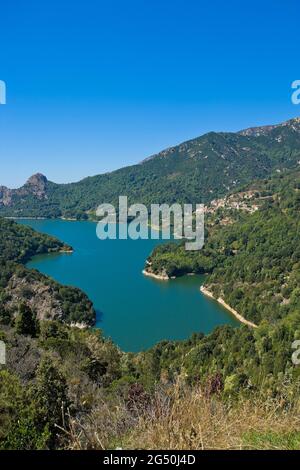 France, Corse du Sud, Tolla, the village and the Prunelli Gorges dam ...
