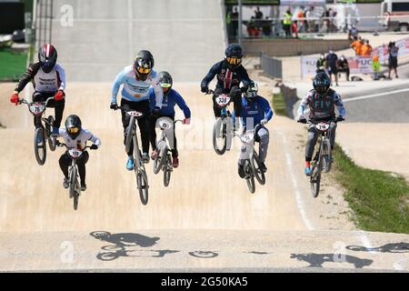 Kamren LARSEN of the United States (338) leads the pack in the UCI BMX ...