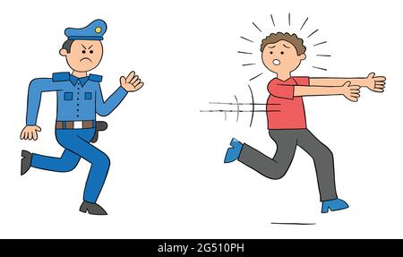 Cartoon police chasing man, vector illustration. Black outlined and ...