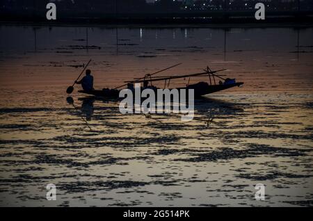 A boatman rows his boat along Dal lake during sunset in Srinagar ...